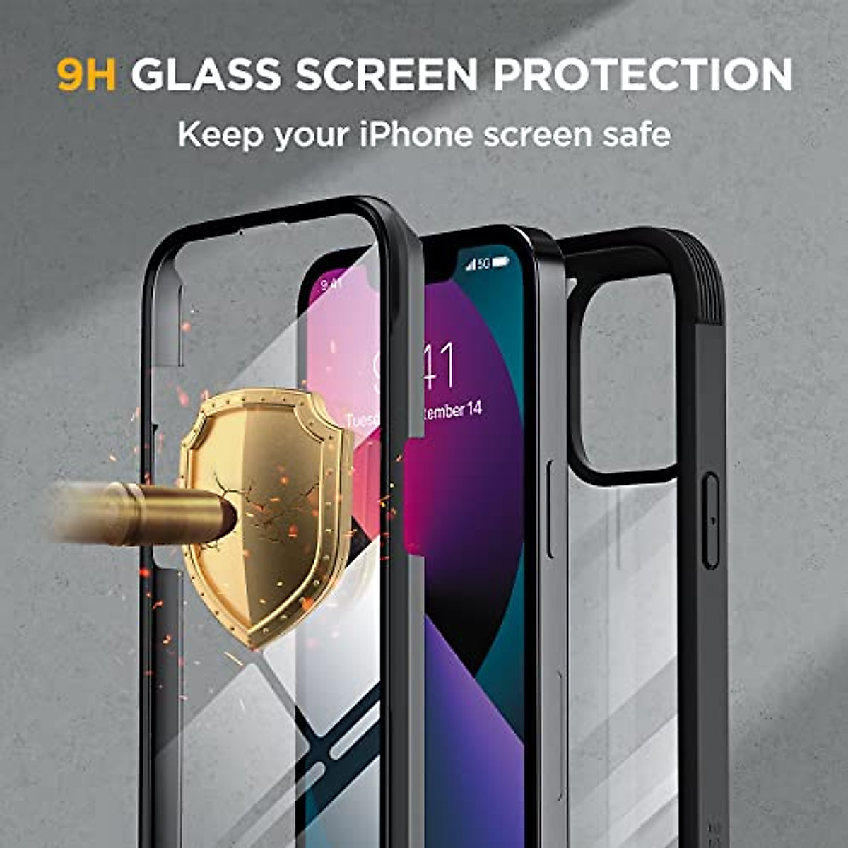 Miracase Compatible with iPhone 13 Mini case 5.4 inch, 2023 Upgrade Full-Body Glass Clear Case Bumper Case with Built-in 9H Tempered Glass Screen Protector for iPhone 13 Mini, Black