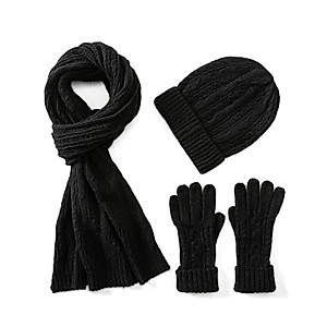 Villand 3 in 1 Womens Wool Hat Gloves & Scarf Winter Set, 3 Piece Cable Knitted Beanie Hat for Women with Gift Box, Black