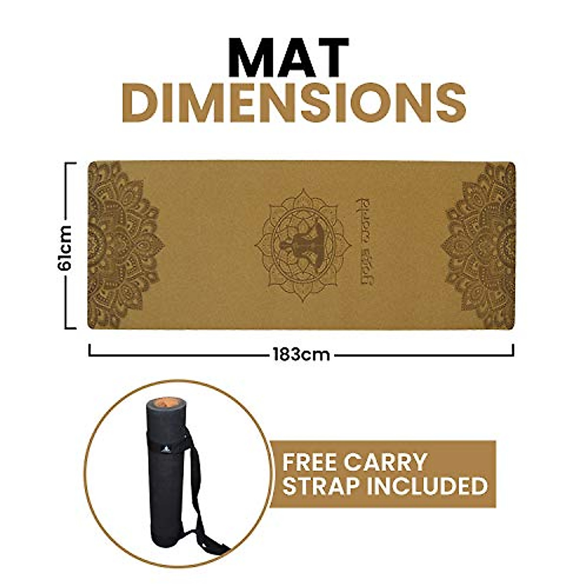 Yoga World Cork Mandala Yoga Mat - Non-Slip Surface & Anti-Skid TPE Underside - Strong Grip on Wet & Dry Surfaces - Soft Floor Cushion for Exercises - 183 x 61 x 0.4cm (Black)