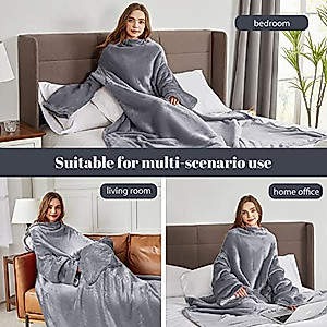 HOSUKKO Sherpa Wearable Blanket with Sleeves Pocket and Hat, Extra Long Warm Soft Fleece Cozy Functional Blankets, Gifts for Women Girlfriend Mom Wife and Daughter.(Grey)