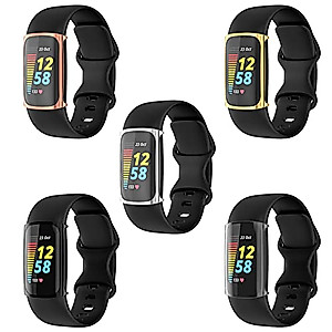Simpeak 5-Pack Soft Screen Protector Bumper Case Compatible with Fitbit Charge 6 Charge 5 Smartwatch, Full Protection, Rose Pink/Clear/Silver/Black/Rose Gold