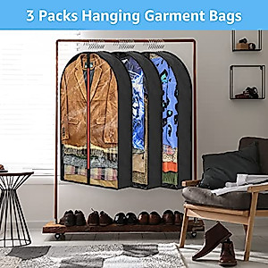 [Newest] Garment Bags for Hanging Cloths, 6.5" Gussetes 40" Moth Proof Cover Suits Bag with Zipper for Closet Storage Travel, Clear Storage Bags Protecting Coat Sweater Jacket Shirts, 3 PACK-BLACK.