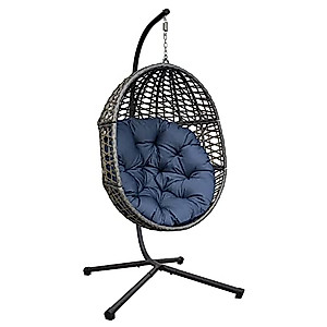 X-Large Luxury Outdoor Hanging Egg Chair with Stand, Heavy Duty Wicker Porch Swing Sets for Outdoor Patio Balcony Garden Decoration, All-Weather Egg-Shaped Hammock Swing Chair with Navy Blue Cushion