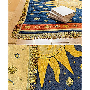 MayNest Sun And Moon Stars Hippie Throw Blanket Celestial Tapestry Double-sided Reversible Woven Cotton Home Decor Bedding Chair Couch Recliner Cover Loveseat Rug Oversized Tassels Blue Yellow (71x51)