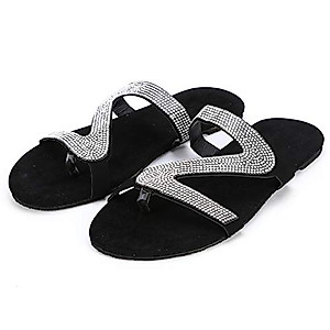 POTO Sandals for Women Casual Summer Rhinestone Glitter Flat Sandals Slide Sandal Roman Shoes Beach Flip Flops Slippers Silver