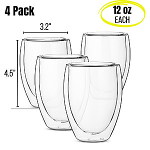 BTaT- WineGlass, 4 Pack, 12 oz (350 ml), Double Wall Insulated, Double Wall Glass Cup, Stemless Wine Glass, Glasses for Wine, Wine Glasses Stemless, Stemless Wine Glass Set, Short Wine Glasses
