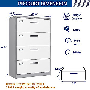 Fesbos 4 Drawer Lateral File Cabinet with Lock, Metal Steel Filling Cabinets for Home Office, Lockable Storage Cabinet for Hanging Files Letter/Legal/F4/A4 Size-Assembly Required