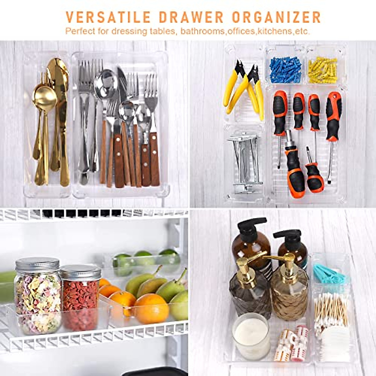 Fixwal 26pcs Clear Drawer Organizers Set 4 Size Plastic Bathroom Drawer Organizer Storage Bins Versatile Drawer Dividers Organizer Trays for Desk Makeup Vanity Dresser Office Kitchen