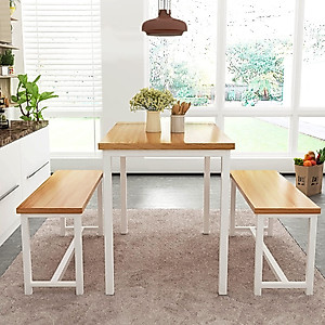 AWQM Dining Room Table Set, Kitchen Table Set with 2 Benches, Ideal for Home, Kitchen and Dining Room, Breakfast Table of 47.2x28.7x28.7 inches, Benches of 41.3x11.8x17.7 inches, Beige