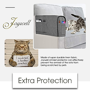 Joywell Recliner Narrow Linen Armrest Covers for Living Room Anti-Slip Sofa Arm Protector for Dogs, Cats, Pets Armchair Slipcover for Couch with 4 Pockets for TV Remote Control, Phone, 1 Pcs, Gray
