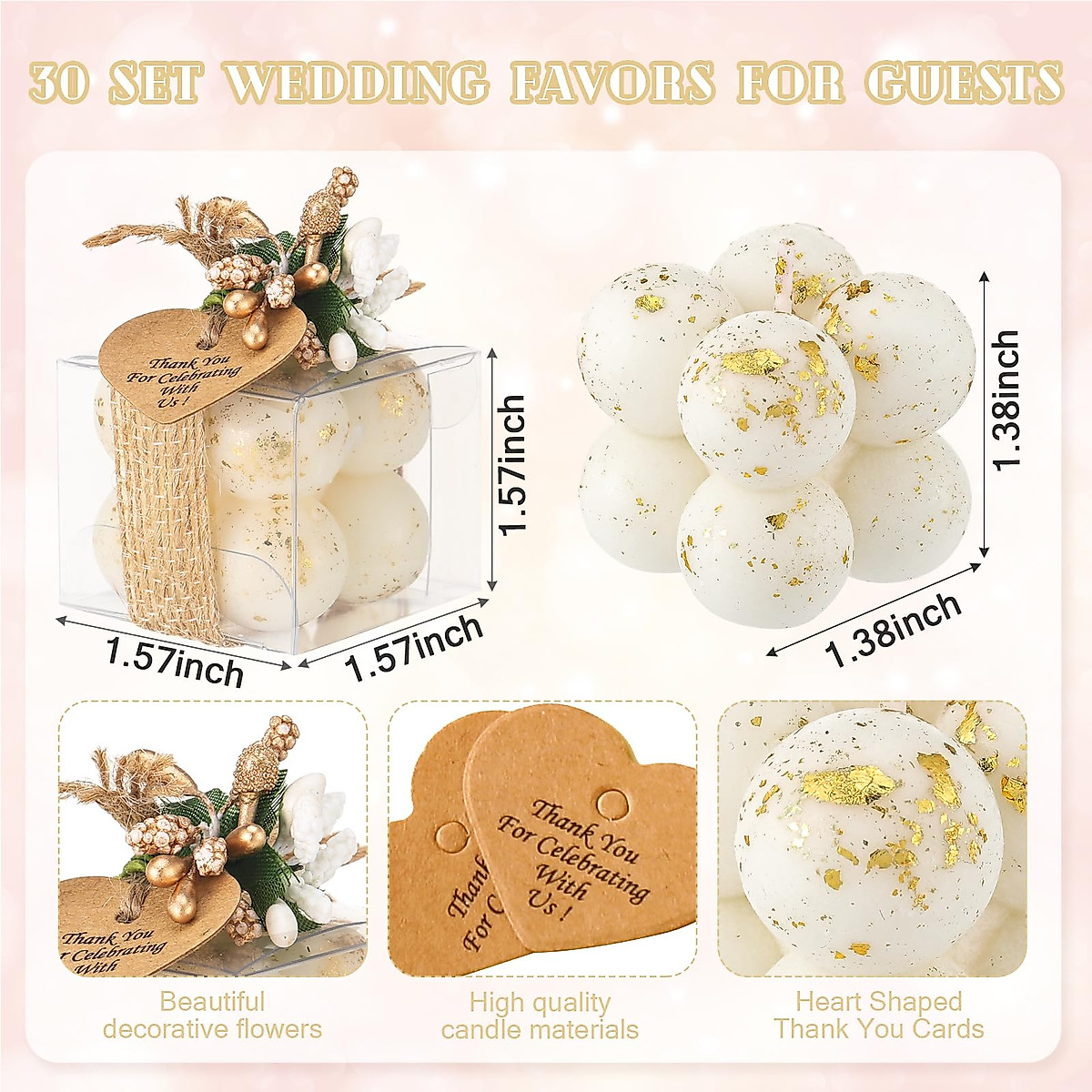 MTLEE 30 Sets Small Wedding Favors Candles for Guests 1.4 x 1.6 Inches Bulk Bubble Candles Gifts Bridal Shower Favors Candles with Thank You Cards Ribbons Dried Flowers Gifts (Gold Foil)