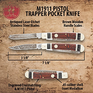 KISSING CRANE Pocket Knife for Men | Dual Stainless Steel Blades | Folding Knife with Scaled Handle | Laser-Etched Artwork of Legendary M1911 | Limited Edition Trapper Knife