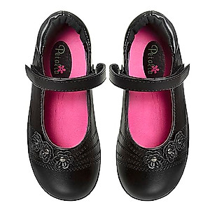 Josmo Petalia Girls Mary Jane Shoes School Kids Uniform Ballet Strap Slip-On Dress Flats - Black Flowers (Size 2 Big Kid)