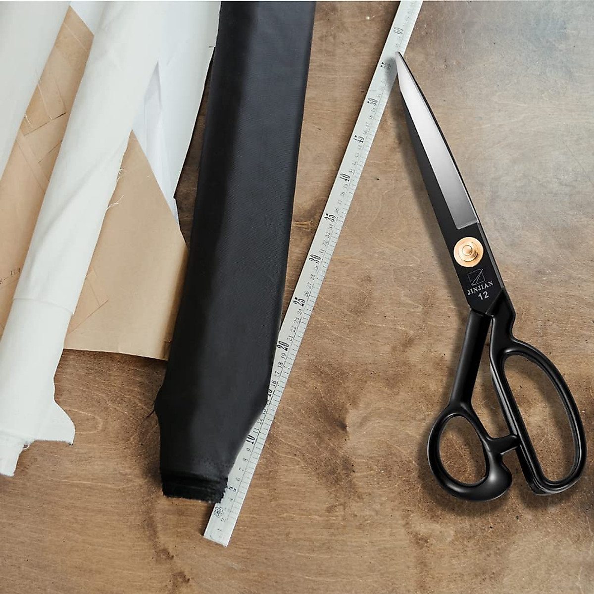 JINJIAN Sewing Scissors, 12 Inch Fabric Dressmaking Scissors Heavy Duty Shears Razor Sharp Cutting for Crafting, Tailoring, Thread Snips Included(Black, Right-Handed)