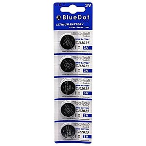 BlueDot Trading CR2025 3 Volt Lithium Button Coin Cell Long-Lasting Batteries for Watches, flameless Candles, calculators, and Many Other Devices, Pack of 5