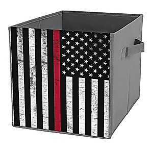 US Firefighter Support Flag Storage Bins Cubes Foldable Fabric Organizers with Handles Clothes Bag Book Box Toys Basket for Shelves Closet 10.6"