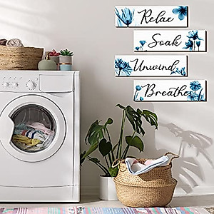 Maitys 4 Pieces Bathroom Wall Art Decor Relax Soak Unwind Breathe Elegant Tulip Rustic Farmhouse Bathroom Wood Hanging Sign Bathroom Wooden Wall Plaque for Home (Blue)