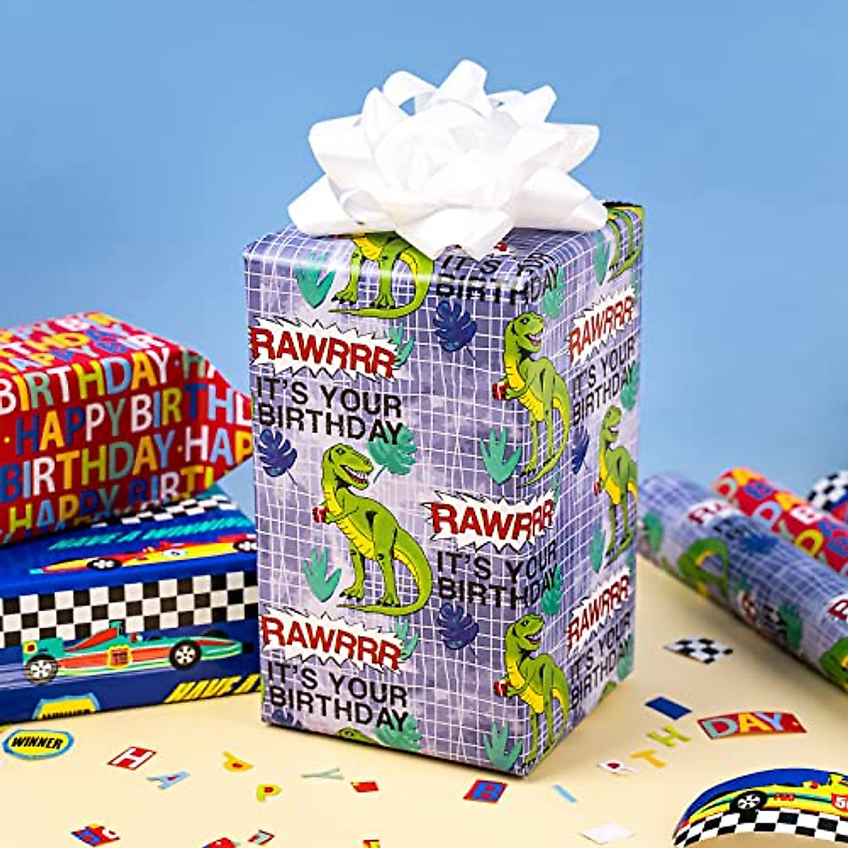 WRAPAHOLIC Birthday Wrapping Paper Roll - Mini Roll - 3 Rolls - 17 Inch X 120 Inch Per Roll - Dinosaurs/Racing Car/Happy Birthday Lettering for Kid's Birthday, Baby Shower