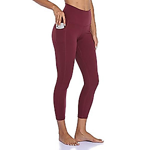 Colorfulkoala Women&#039;s High Waisted Tummy Control Workout Leggings 7/8 Length Yoga Pants with Pockets (S, Wine Red)