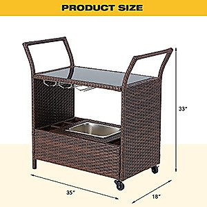 EROMMY Outdoor Wicker Bar Cart, Rolling Patio Wine Cart with Removable Ice Bucket & Wine Glass Holders, Rattan Bar Serving Cart with Glass Countertop, Beverage Cart for Pool, Party, Backyard