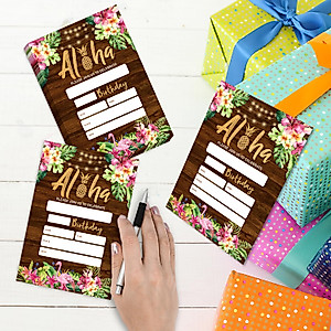 Hawaiian Aloha Birthday Party Invitations Cards with Envelopes, Summer Pool Party Invitations, Tropical Summer Birthday Celebration Supplies, Double-sided Fill-in bday Invites for Boys Girls- A11