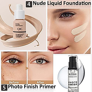 Lookmee All In One Makeup Essential Starter Kit for Beginners or Pros, 18 Colors Naked Eyeshadow Palette Nude Face Primer, Brush, Sponge, Eyebrow Powder, Winged Eyeliner Stamp (SetA)