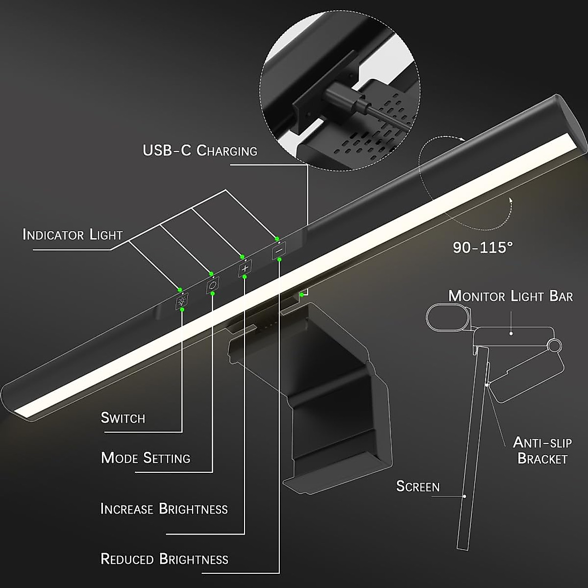 AQINGLING Monitor Light Bar Aluminum, 15.75in 80 LED Monitor Lamp Bar, Eye-Caring 5 Modes Dimmable Desk Lamp Sereen Light Bar, Desktop Lamp, Cpmputer Lamp, Laptop Lamp, Task Lamp, TB-300S