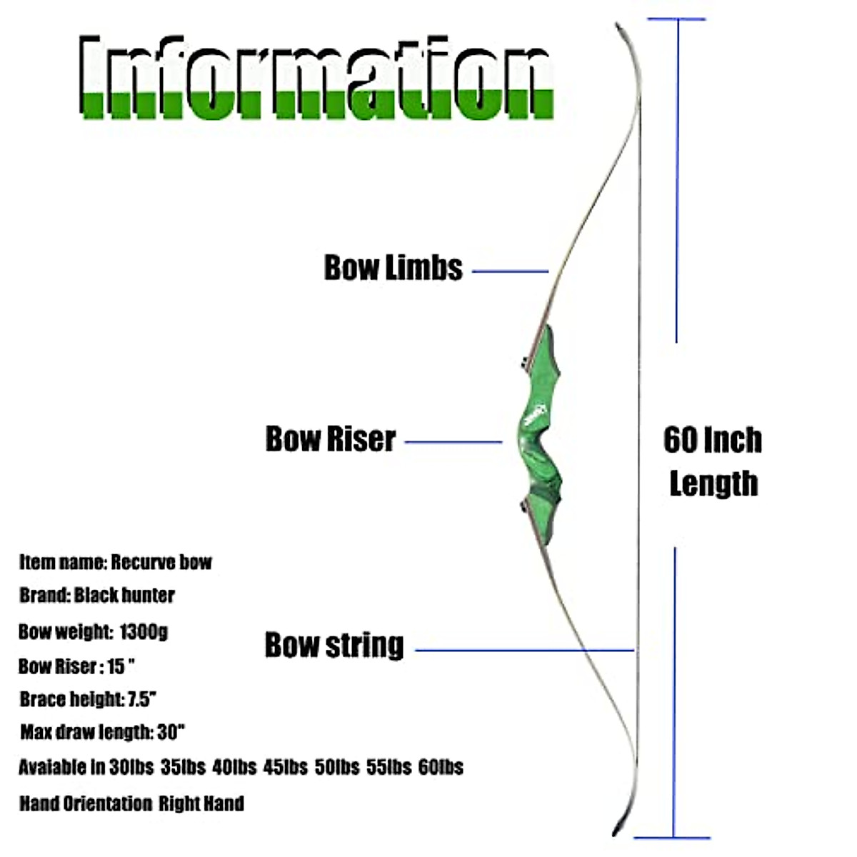 Black Hunter Archery Recurve Bow 60" Right Hand Hunting Takedown Bow Set 20-60 lbs Adults Archery Suitable for Practice Competition