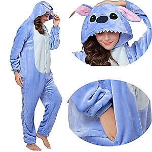 Duraplast Prferhouse Unisex Adult Pajamas Costume One Piece Flannel Halloween Cosplay Hooded Jumpsuit … (S, Blue)