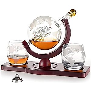 Father's Day Gifts for Men Dad, Unique Anniversary Birthday Gift for Him Husband Boyfriend Groomsmen, Globe Decanter Set with 2 Glasses, Wedding Bourbon Liquor Scotch Cool Stuff Presents for Brother