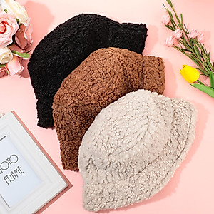 SATINIOR 3 Pcs Fuzzy Bucket Hat Faux Fur Bucket Hat Winter Fluffy Bucket Hat Wide Brim Cloche Hat Fisherman Cap for Women Men