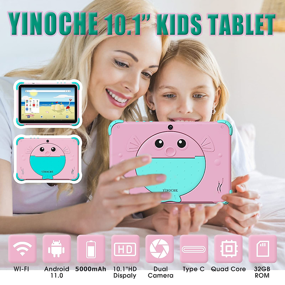YINOCHE Tablet for Kids 10 Kids Tablet for Toddlers Tablet 32G Kids Learning Tablets for Kids Android Children Tablet WiFi,IPS Touch Screen,Parental Control Dual Camera Kid Tablet YouTube Neflix(Pink)
