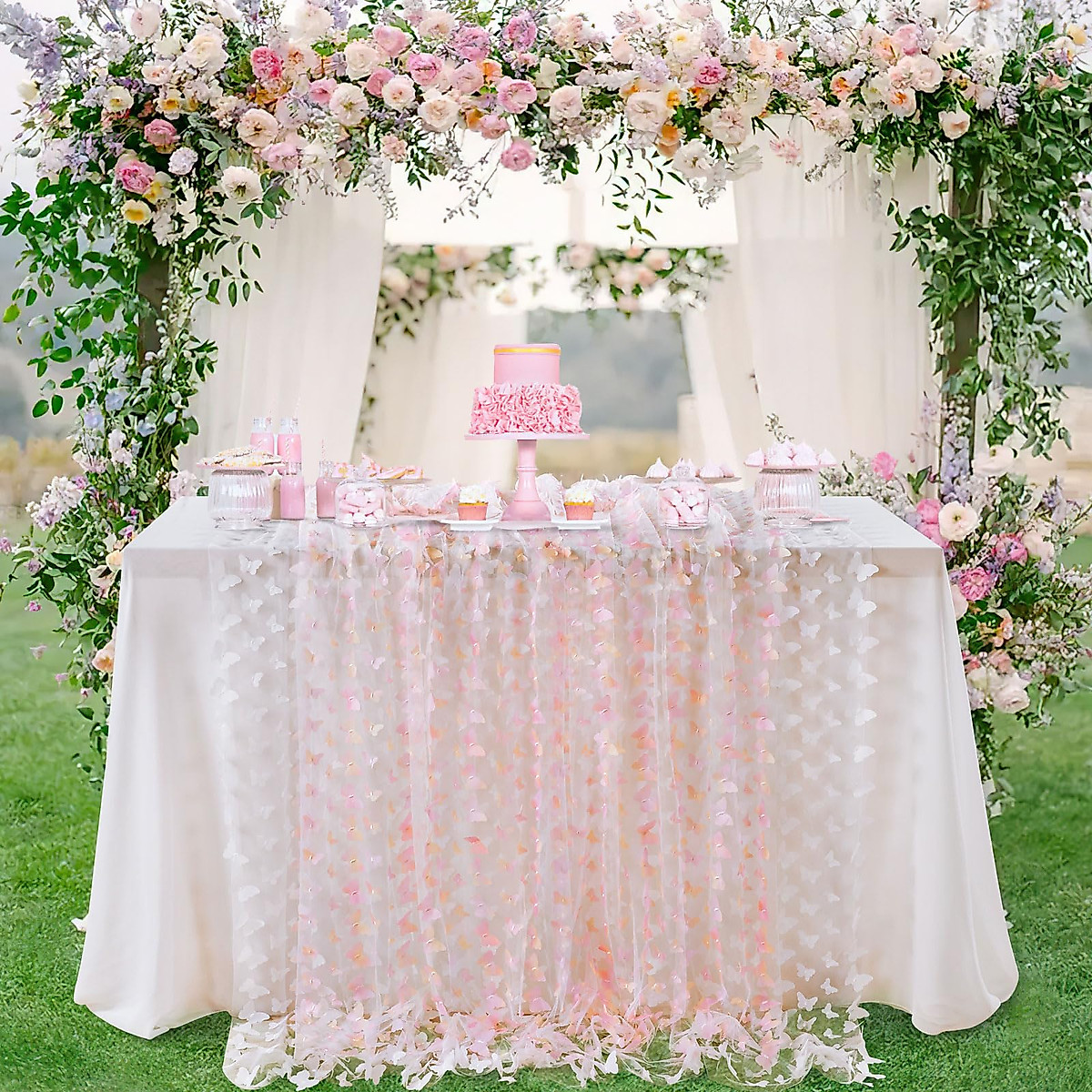 Rainbow Pink Tulle Fabric Rolls: 2 Yards 3D Butterfly Embroidery Fabric - DIY Cloth for Birthday Party Decorations Wedding Bridal Shower Baby Shower