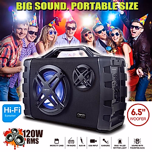 NEM Mobi7e Portable Wireless Bluetooth High Performance Stereo Speaker Extra Bass, USB Recording, Rechargeable Battery, AUX and TF Card Input, FM Radio, MP3, Mic and Guitar Input, LED Lights (Black)