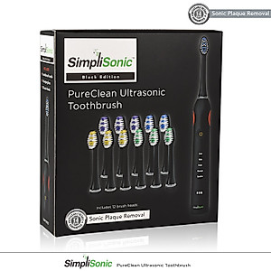 SimpliSonic Ultrasonic Rechargeable Electric Toothbrush Premium Package w/ 12 Heads (Black)
