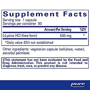 Pure Encapsulations L-Lysine - Essential Amino Acid Supplement for Immune Support & Gum, Lip Health* - with L-Lysine HCl - 90 Capsules