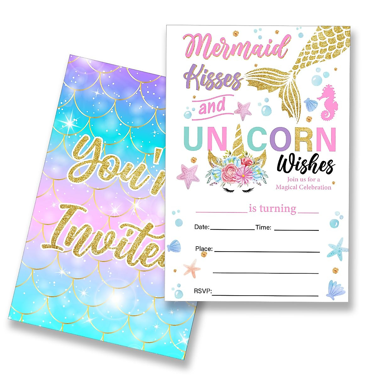 EUDOSI Unicorn Mermaid Birthday Party Invitations Supplies Fill-In Set of 20 with Envelopes Kisses and Unicorn Wishes Birthday Bash Invites Cards, Double Sided