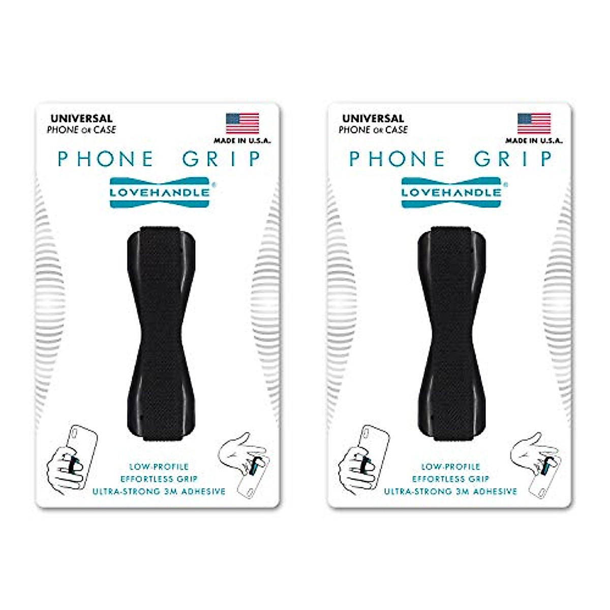 LoveHandle Universal Grip for Most Smartphones, Mini Tablets and Cases, Black Elastic Strap with Black Base, Pack of 2, LH-01-2PackBlack