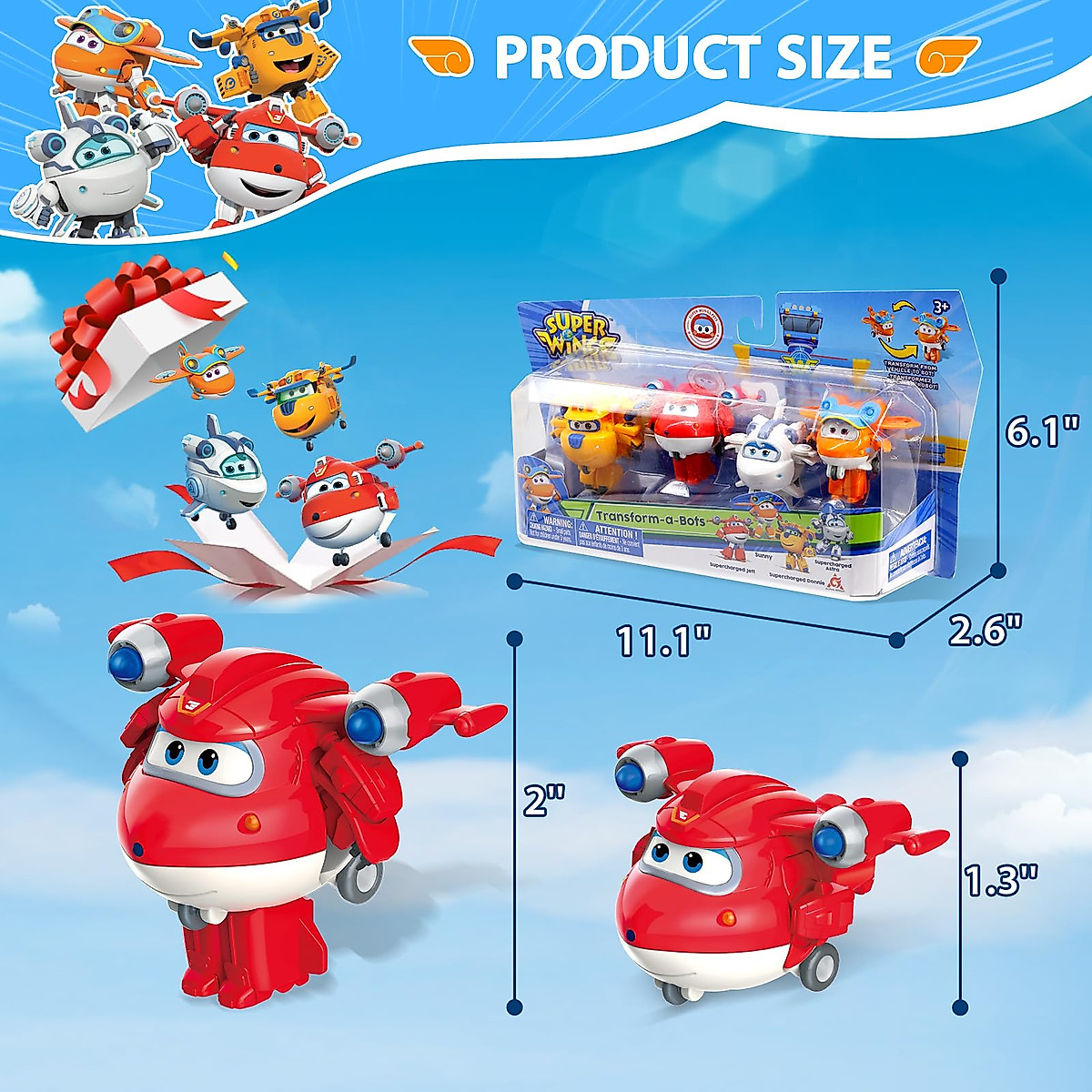 Super Wings 2" Transform-a-Bots 4-Pack, Supercharged Jett, Donnie, Astra, Sunny, Airplane Toys Vehicle Mini Figures, Fun Toys for Kids, Transformer Toys for 3 4 5 Year Old Boys and Girls