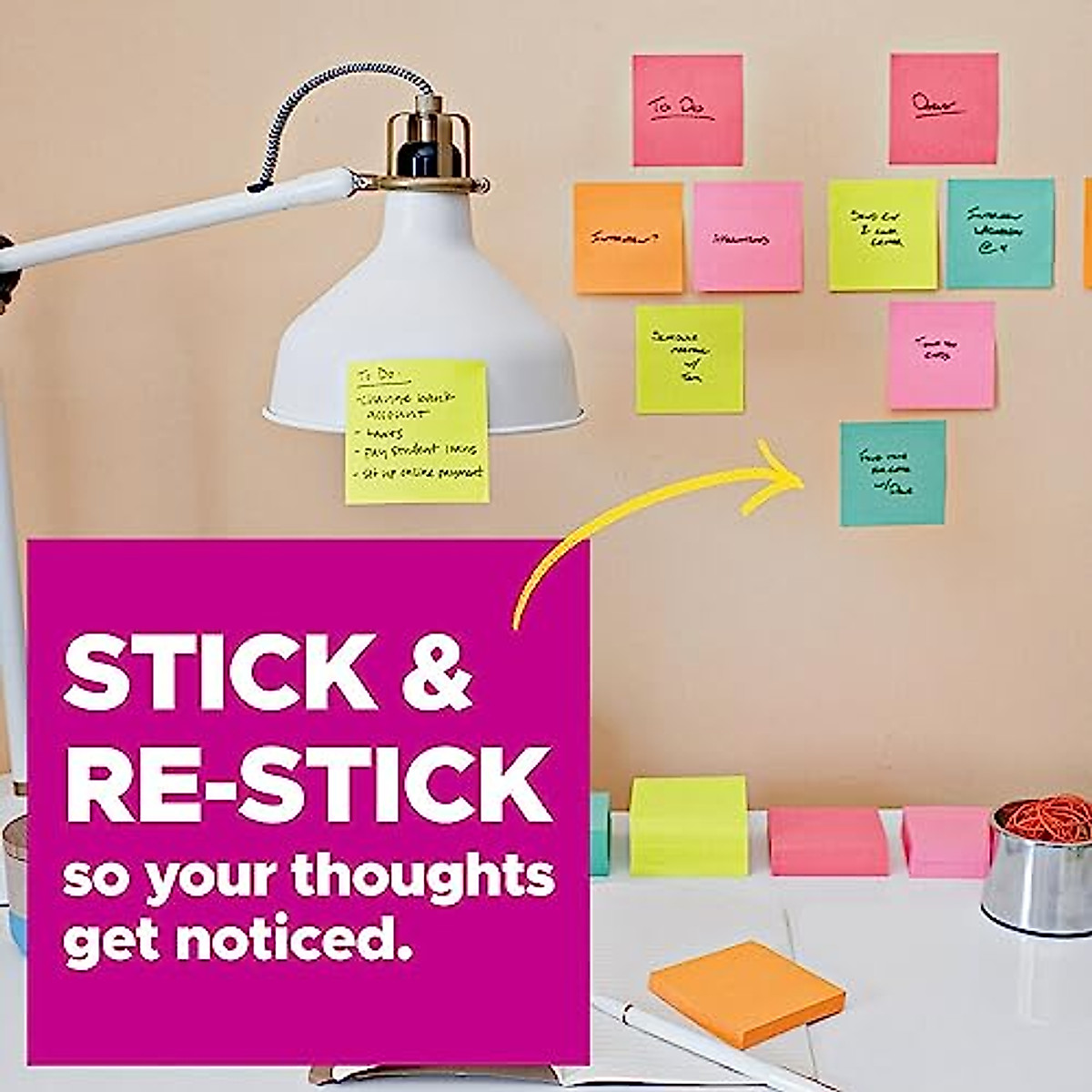 Post-it Super Sticky Notes, 3x3 in, 5 Pads, 2x the Sticking Power, Energy Boost Collection, Bright Colors, Recyclable (654-5SSUC)