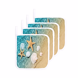 4 Pack Pot Holders Heat Insulation Hot Pads, Ocean Starfish Coastal Shell Washable Oven Pot Holder Set for Kitchen Summer Sea Beach Potholders for Baking Cooking Dining Table