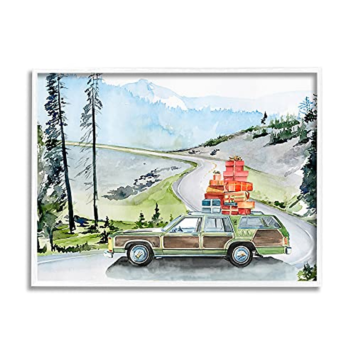 Stupell Industries Retro Station Wagon Rustic Christmas Travel Wrapped Presents, Design by Jennifer Paxton Parker White Framed Wall Art, 20 x 16