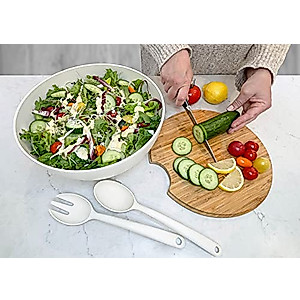 Clean Dezign 11.5" Large Salad and Serving Bowl with Bamboo Wood Lid and Servers Set - Bamboo Fiber Mixing Bowl and Utensils with Wooden Cutting Board Top (Large, Natural White)