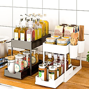 Sliding Under Sink Organizer, Kitchen Cabinet Sink Organizer, Multifunctional Under Sink Shelf Rack Organizer with 2 Cups & 4 Hooks for Bathroom Kitchen(White)