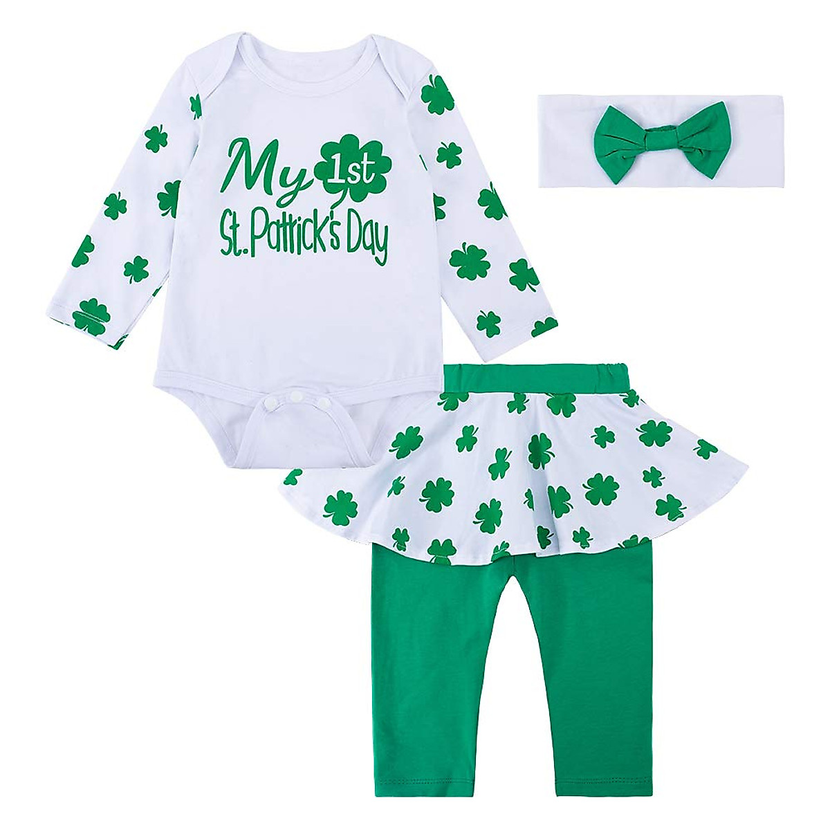 LENSOUS Baby Girls Romper Outfit 1st St Patrick's Day Long Sleeve Clothes Green Skirt Newborn Dress Bodysuit Pants Set (3-6 M)