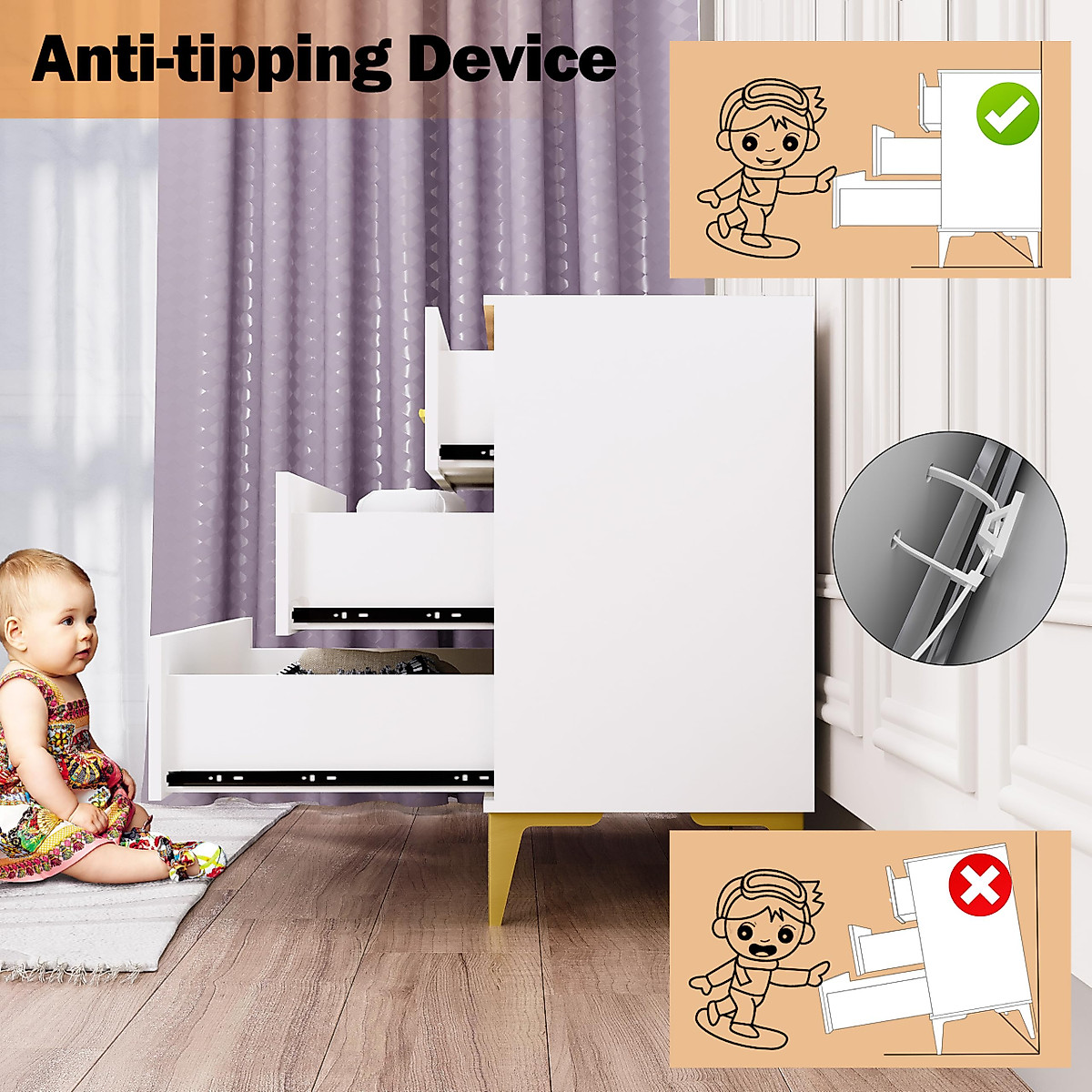 GLAUBIO Dresser for Bedroom,Jewelry Organizer with Glass Top,3 Drawer Dresser Organizer Drawer Cabinet,Small Dresser Gold Metal Legs, White