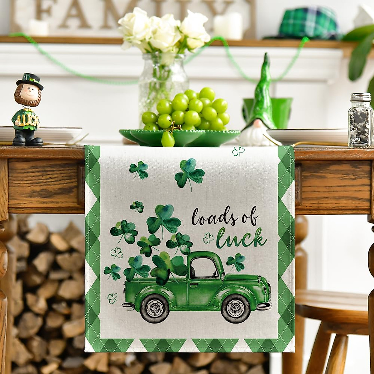 Artoid Mode Buffalo Plaid Edge Shamrock Loads of Luck St. Patrick's Day Table Runner, Seasonal Spring Holiday Kitchen Dining Table Decoration for Indoor Outdoor Home Party Decor 13 x 72 Inch