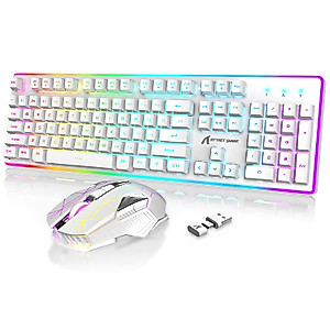 2.4G Wireless Gaming Keyboard and Mouse,Type C/USB Dual Receiver,RGB LED Backlit,Rechargeable 4200mAh,Full Size Mechanical Feel,Silent Mice,Mouse Pad for PC,Laptop,Smartphone,PS4,PS5,Xbox(White)