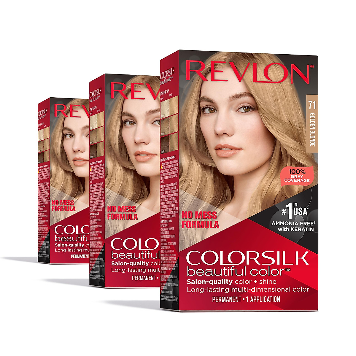Revlon ColorSilk Permanent Hair Color, 100% Gray Coverage Dye Kit, Ammonia-Free, Keratin and Amino Acids, Blonde Shades, 71 Golden Blonde (Pack of 3)