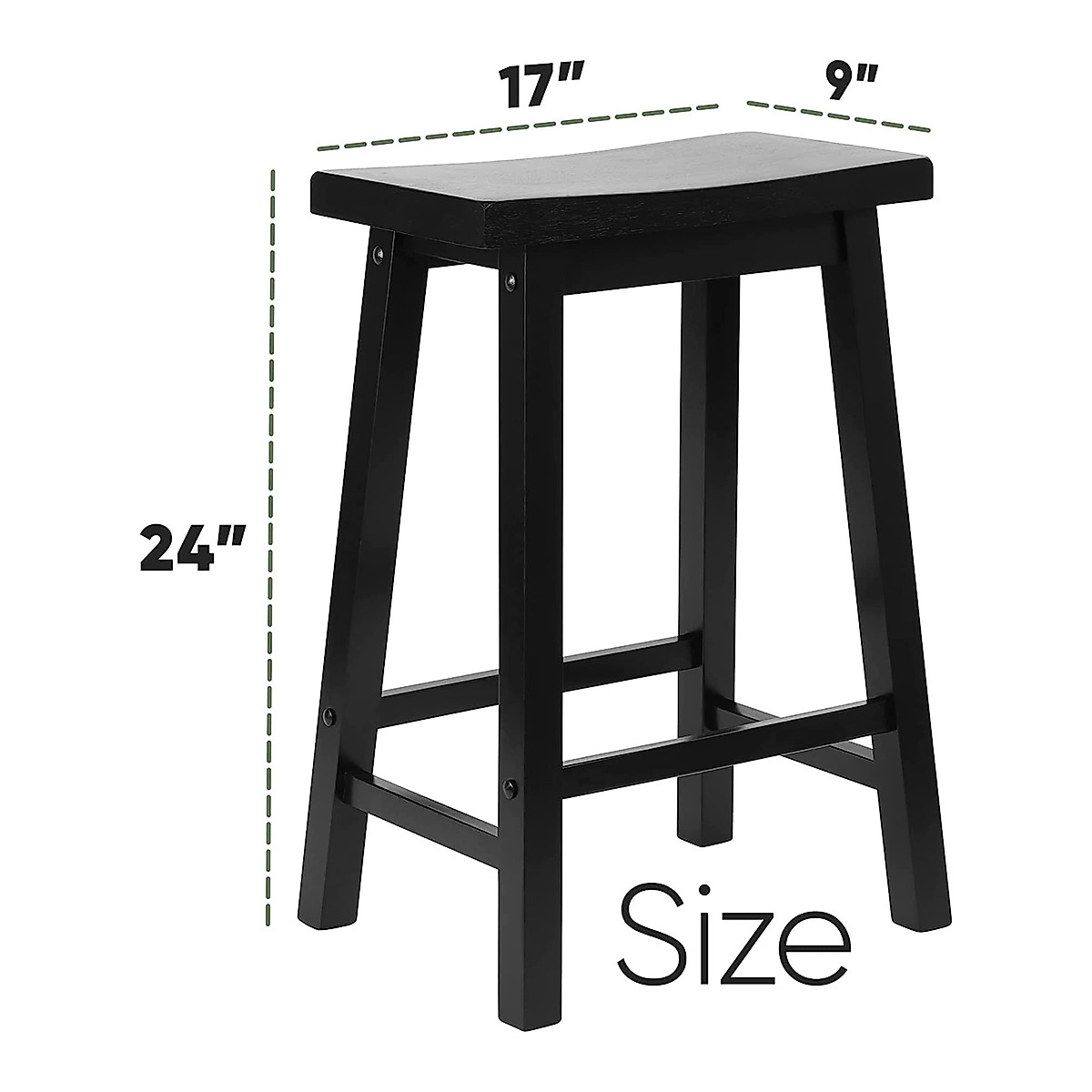 PJ Wood 24 Inch Single A Frame Classic and Modern Comfortable Wooden Bar Stool Saddle Seat with Built in Bars as Footrests, Black